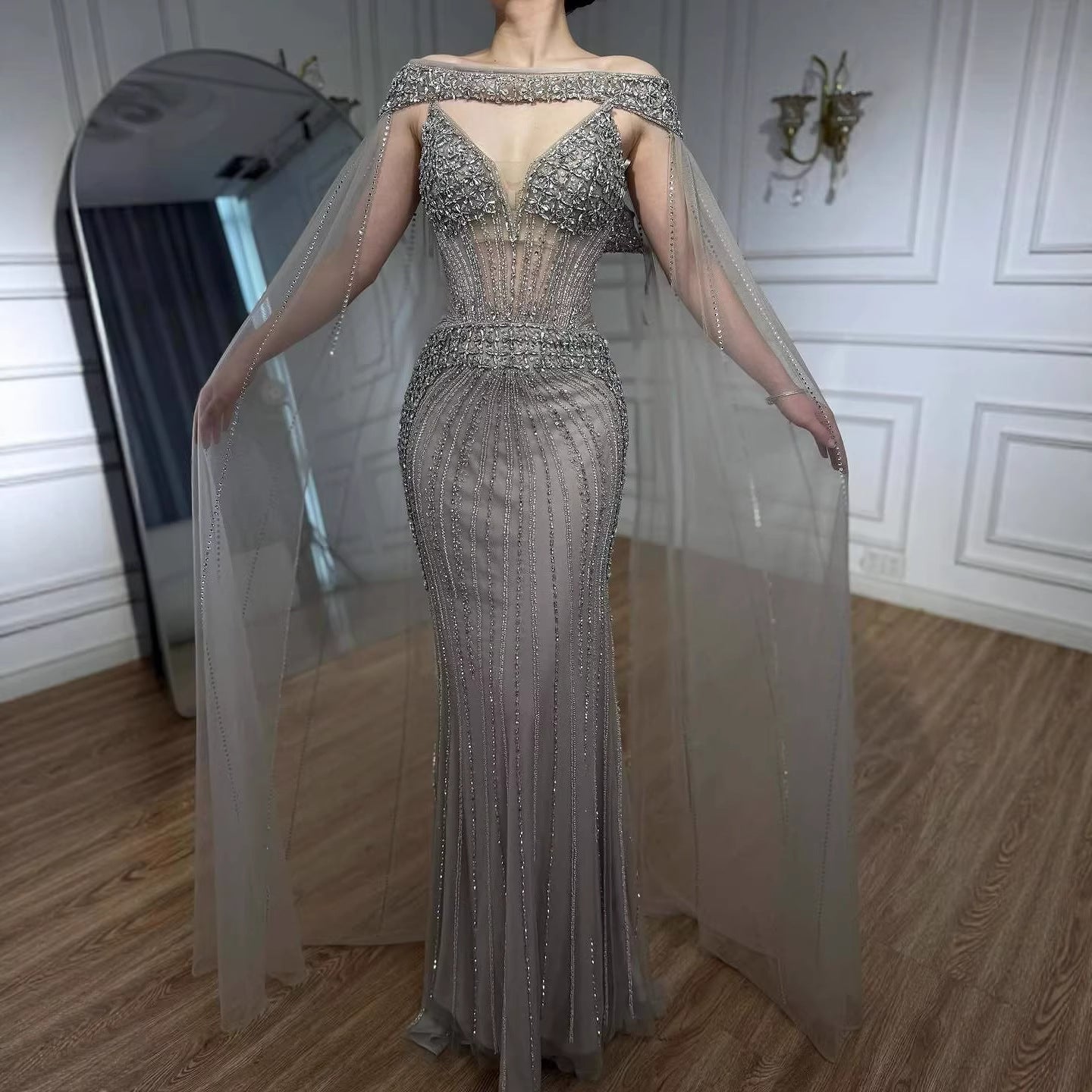 Luxury Caramel Beaded Evening Dress With Cape LA73480A – SERENE HILL