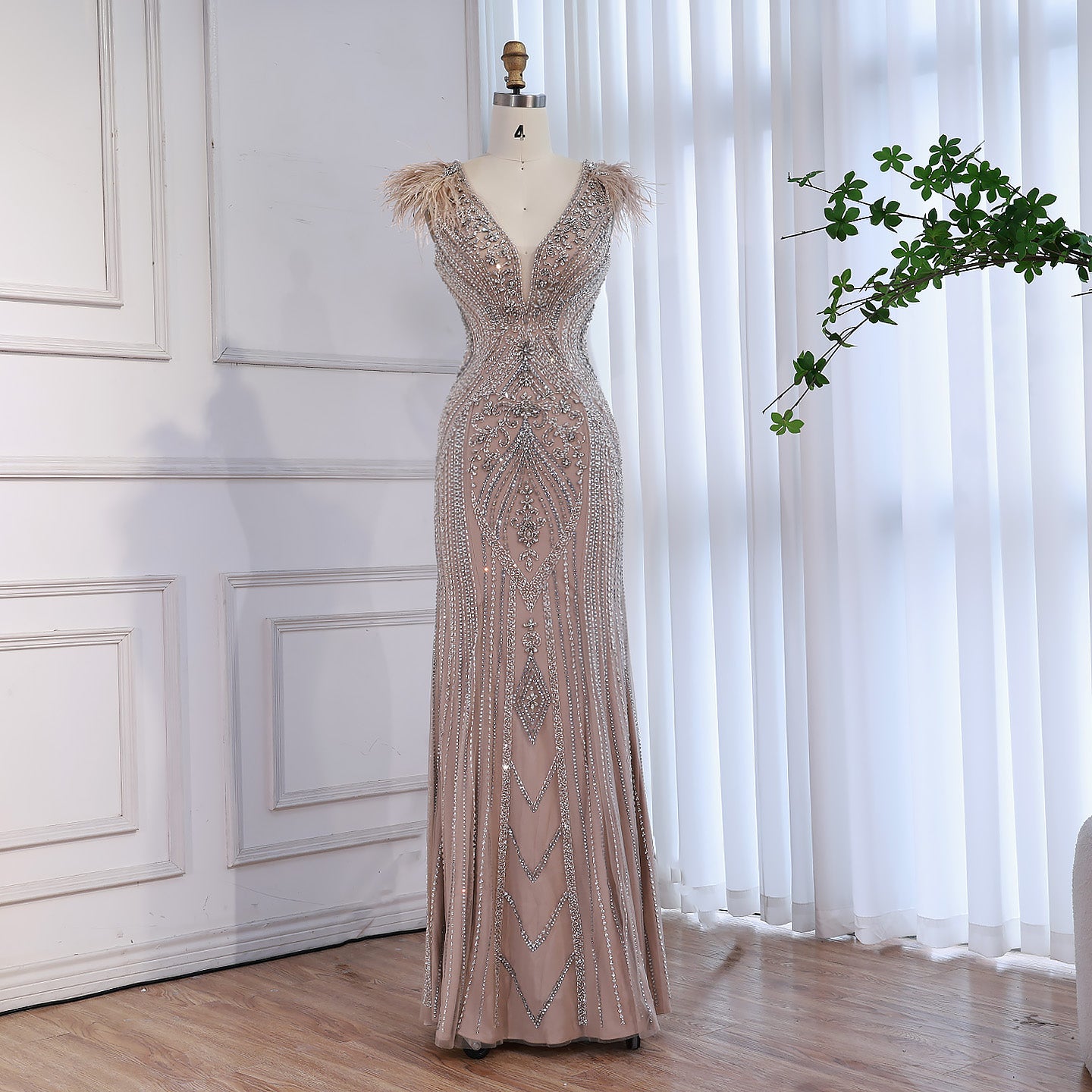 Luxury Caramel Beaded Feather Mermaid Evening Dress LA73529 – SERENE HILL