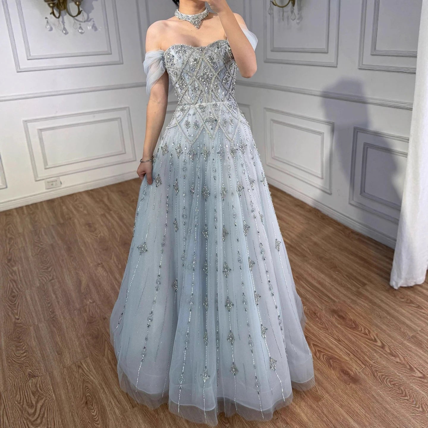 Luxury Gray Blue A-Line Dreamy Beaded Evening Dress With Necklace ...