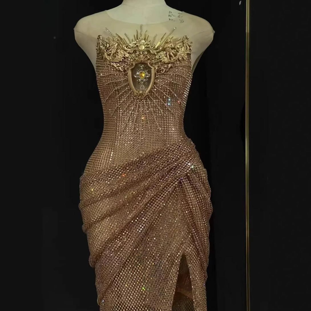 Luxury Saudi Arabic Nude Beaded High Split Evening Dress LA73436 ...